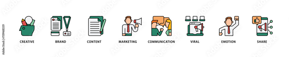 Storytelling icon set flow process which consists of creative, brand ...