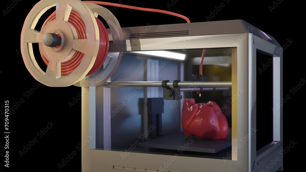 3d rendering of a 3D printer printing a model of a human heart. 3D ...