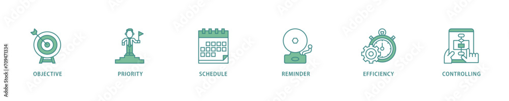Time management icon set flow process which consists of objective ...