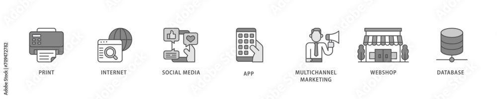 Cross media icon set flow process which consists of print, internet ...
