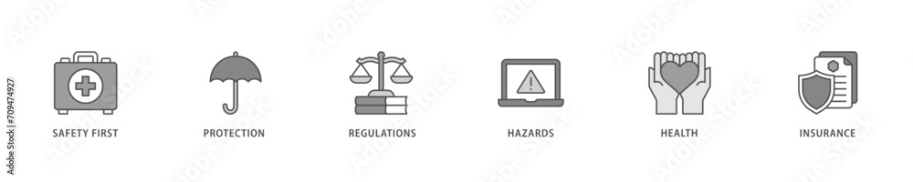 Work safety icon set flow process which consists of safety first ...