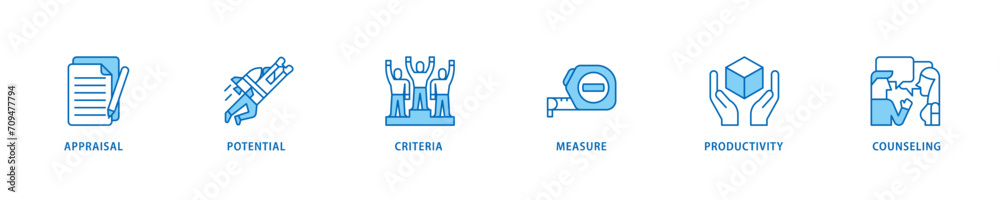 Performance review icon set flow process which consists of appraisal ...