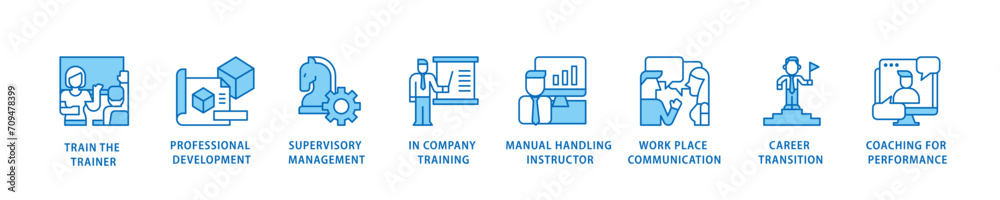 Training icon set flow process which consists of coaching, teaching ...