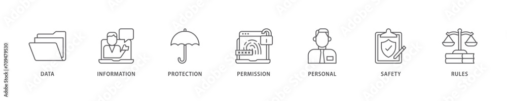 Data protection icon set flow process which consists of data, information, protection ...