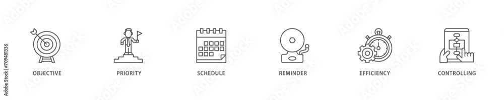 Time management icon set flow process which consists of objective ...