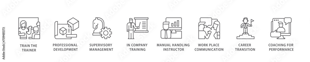 Training icon set flow process which consists of coaching, teaching ...