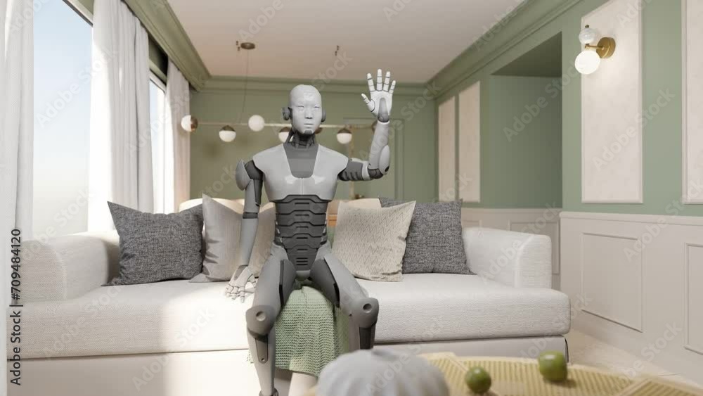 humanoid robot cyber say hi greeting while sitting in modern apartment ...