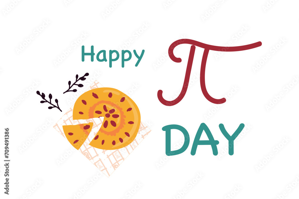 Happy Pi Day celebration card with pie and pi symbol. Vector ...