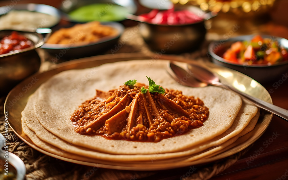 Ethiopian injera on a plate on a wooden table with a blurry background ...