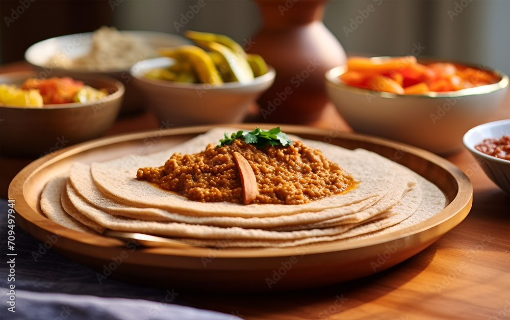 Foto Stock Ethiopian injera on a plate on a wooden table with a blurry ...