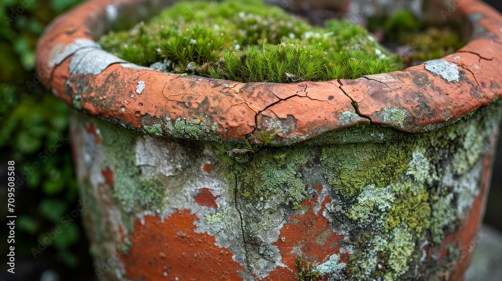 Cracked terracotta pot with watermarks and moss growth, showing the ...