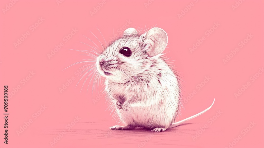 a mouse sitting on its hind legs in front of a pink background with a ...