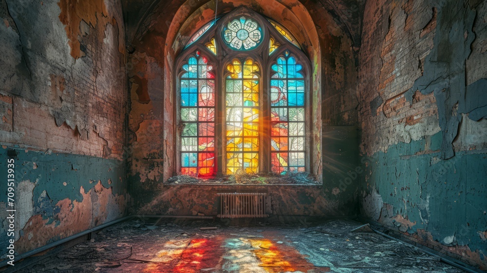 Old, stained glass window in a forgotten chapel, where the colors blend ...