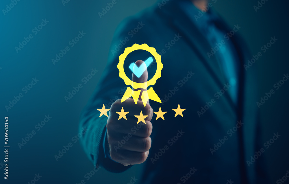 Business quality control the best of product and service, thumb up with ...