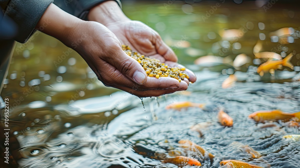 Aquaculture farmers hand hold food for feeding fish in pond in local ...
