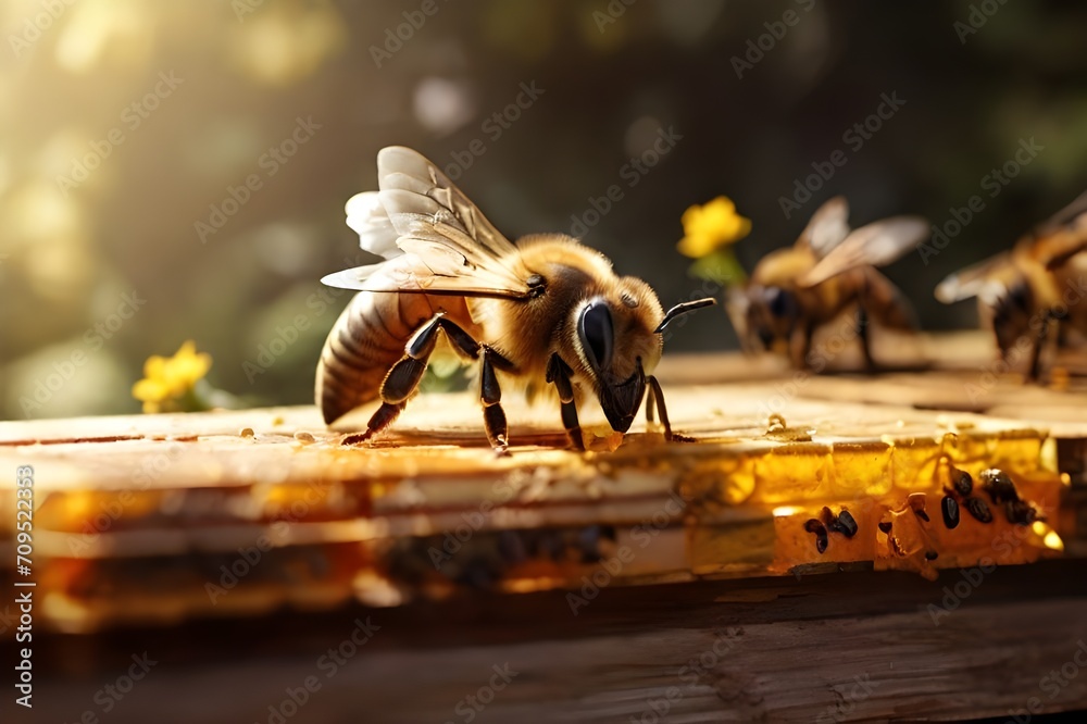World Bee Day May 20 Close up macro of bee and honeycomb. Close up ...