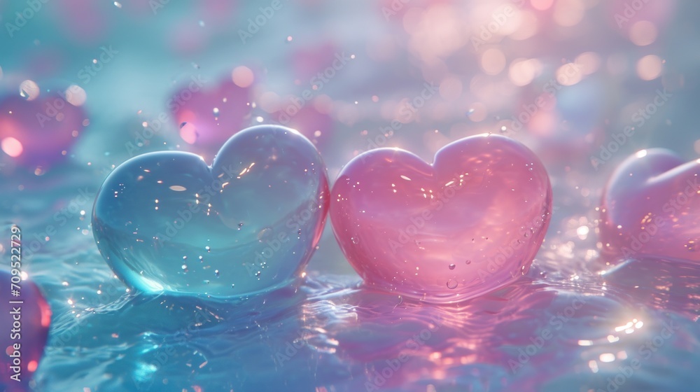 three pink and blue hearts floating in a pool of water with bubbles on ...