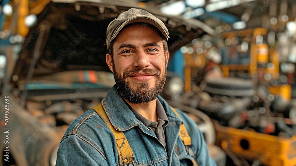 amiable vehicle repair A uniformed mechanic stands in the background of ...