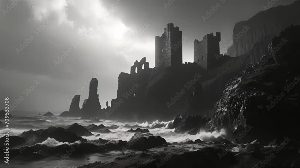 Vidéo Stock From the treacherous cliffs below, the castle appeared as a ...