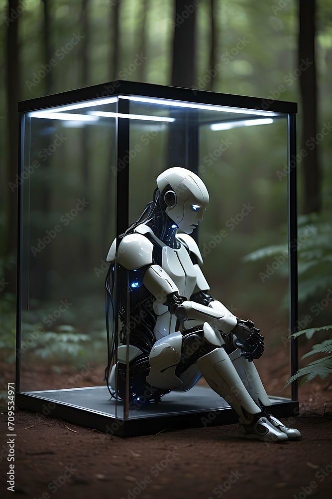 Feelings of Machinery Robot: Futuristic AI Contemplating Amidst a Dark ...