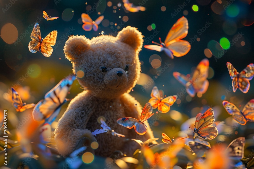 Teddy bear surrounded by a fluttering kaleidoscope of butterflies their ...