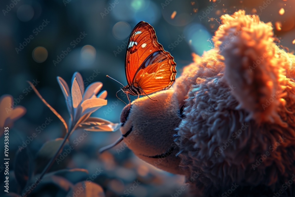 Butterfly gracefully perched on a teddy bear's nose the vibrant colors ...