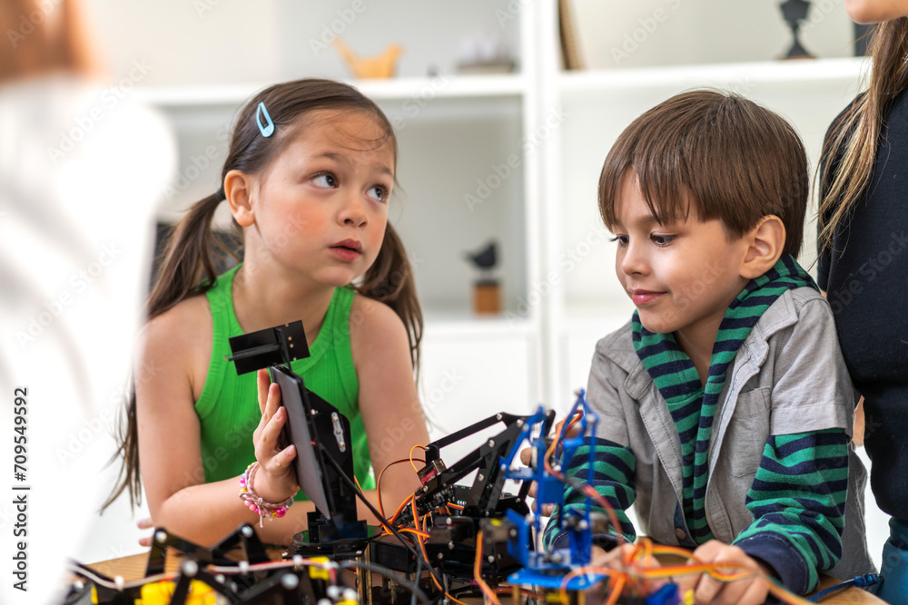 Portrait happy teacher help school children student having fun activity ...