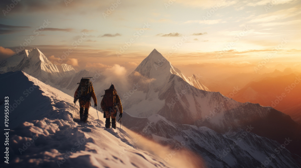 Back view of two hikers facing a majestic snow-capped mountain during a ...