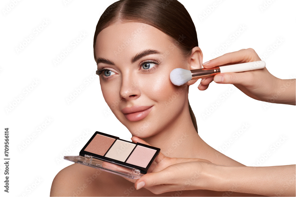 Makeup Artist applies Eye Shadow. Beautiful Woman Face. Perfect Makeup ...