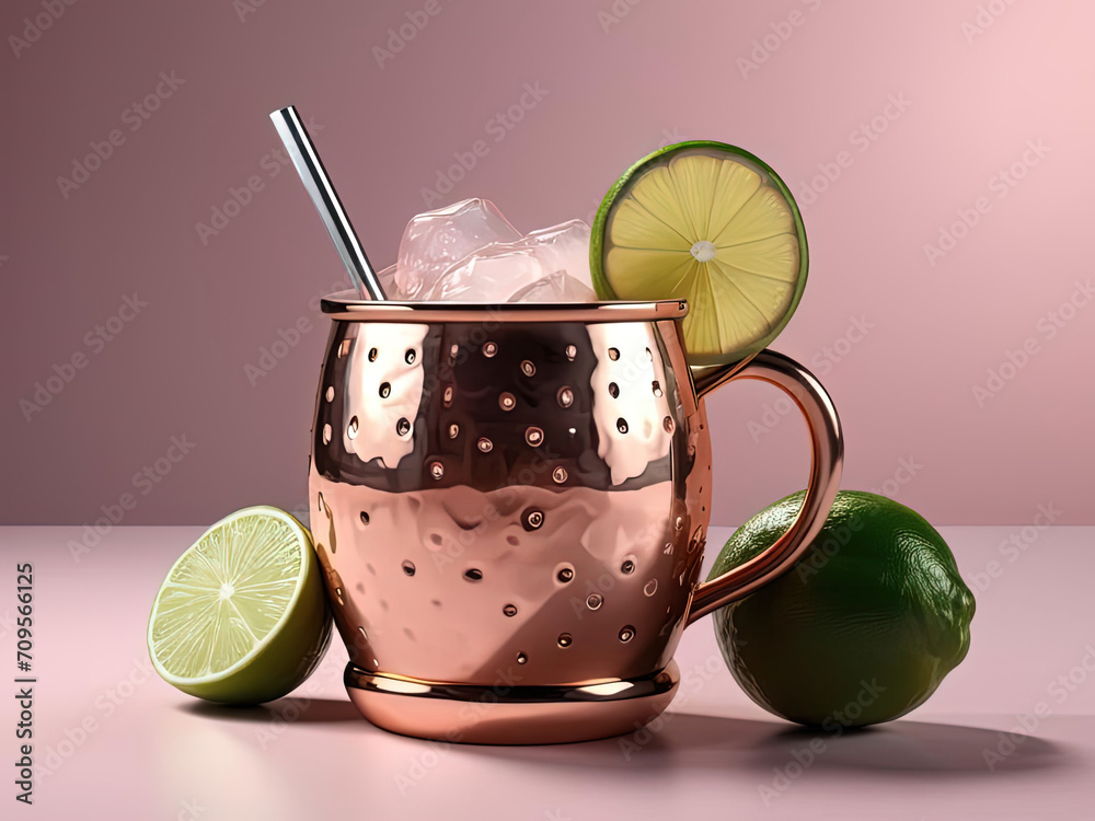 Moscow Mule Cocktail - Flat pop illustration on soft white and pastel pink gradient background ...