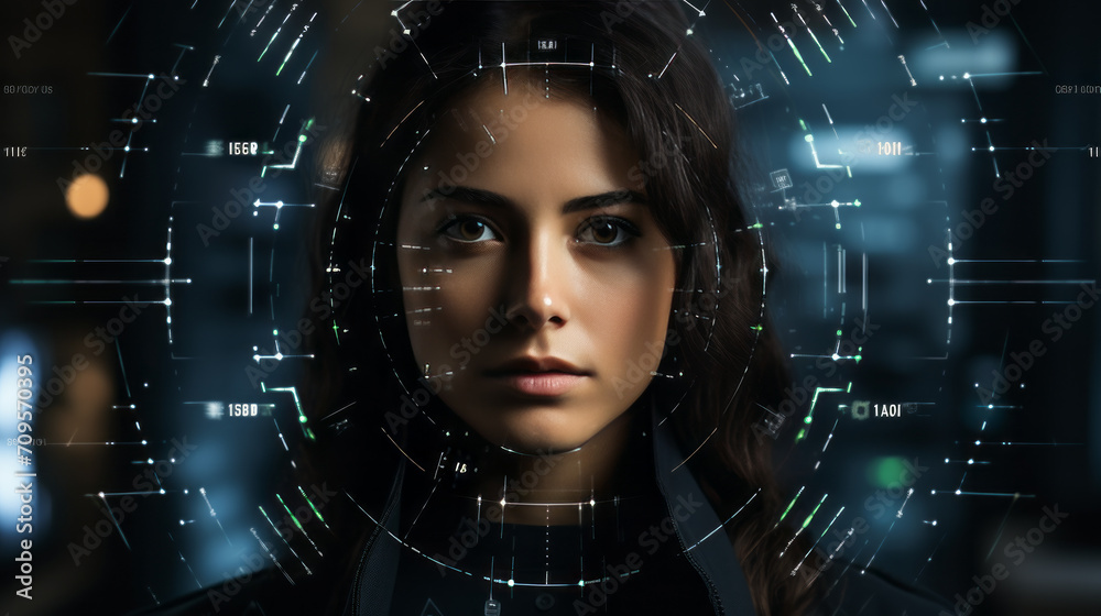 Futuristic Face scanning system with circular thin lines in front of a ...