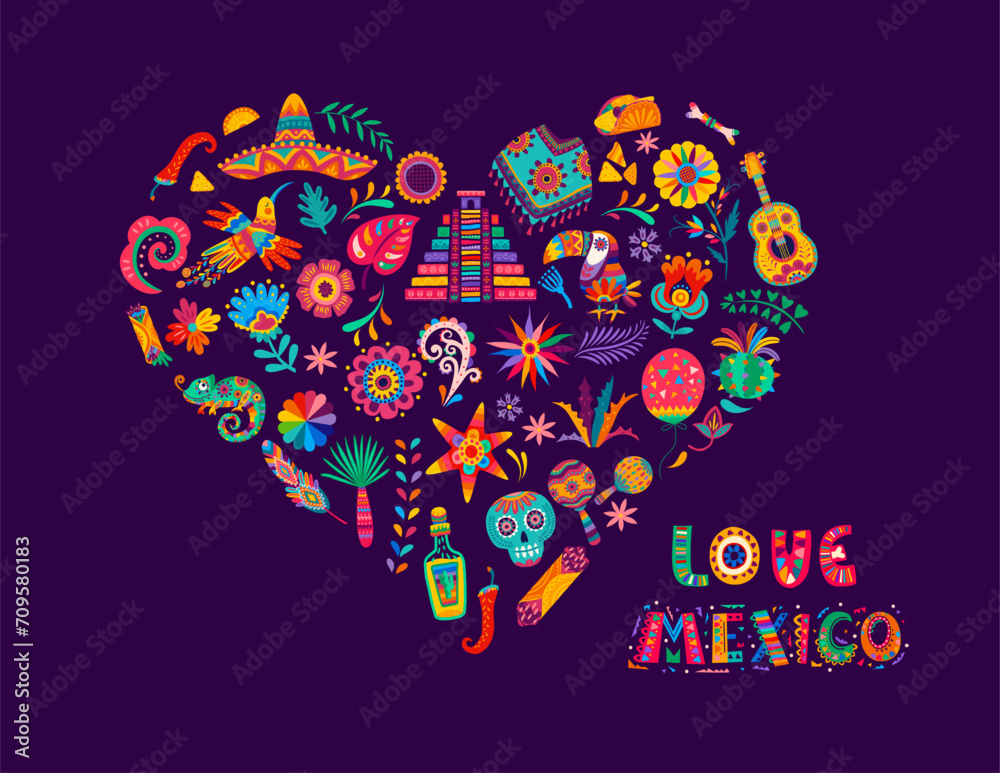 Love Mexico heart shape with tropical mexican flowers and animals ...