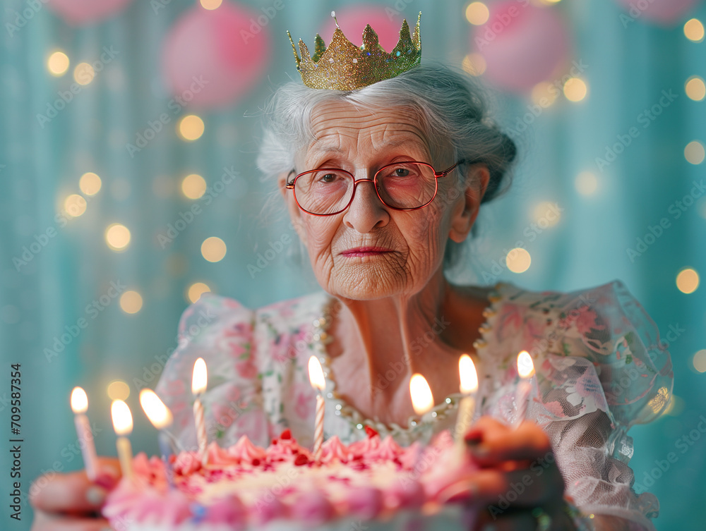 cute granny with princess crown celebrating birthday with cake and ...