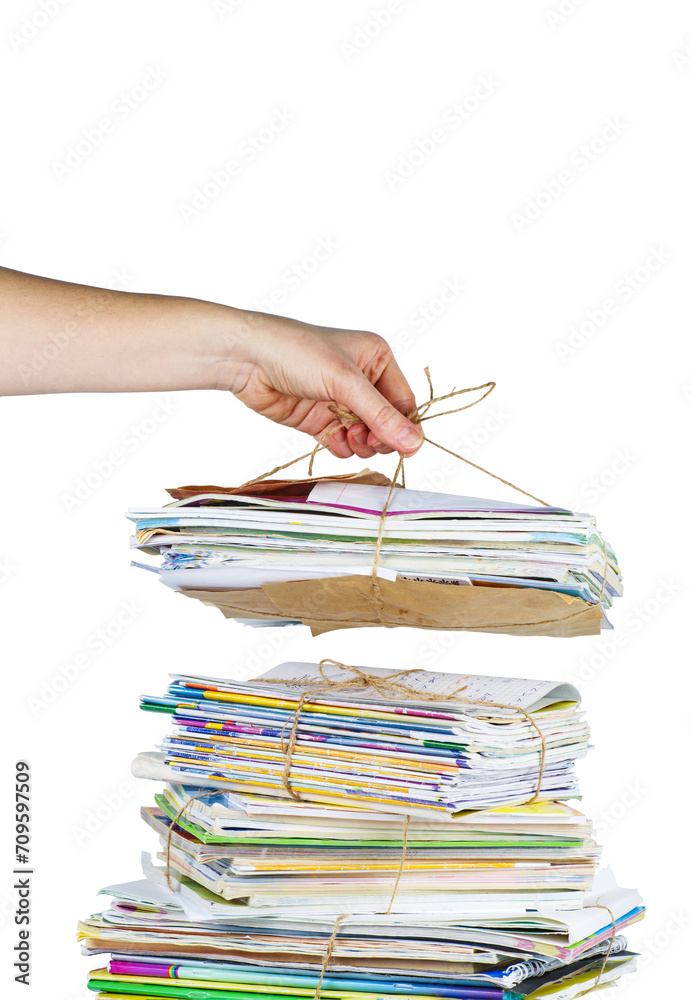 Hand hold stack of wastepaper isolated on white. Paper recycling Stock ...