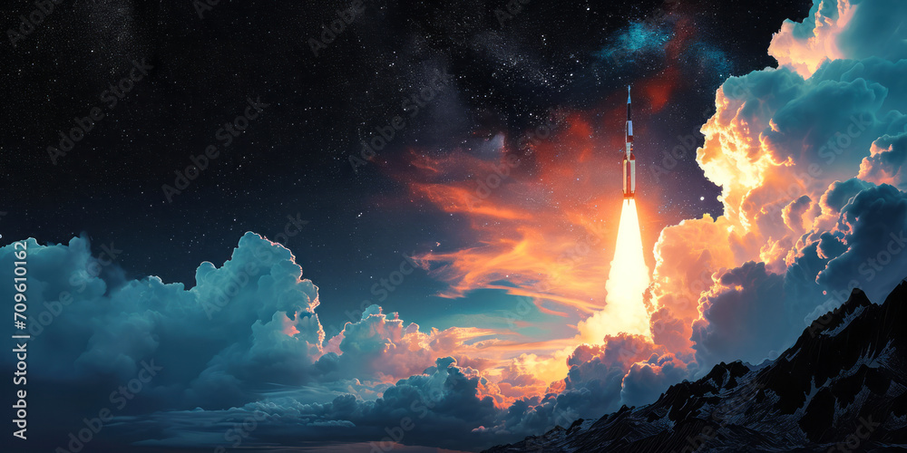 Space exploration concept with rocket launch into starry sky ...