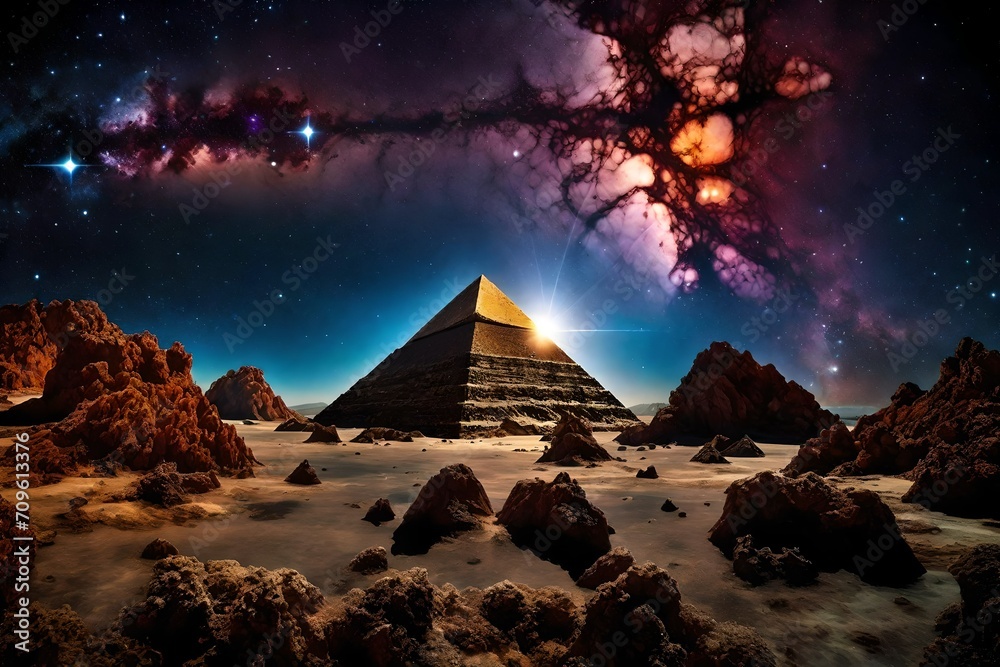 surreal galactic glowing pyramid , outerspace pyramid portal, nebulas ...