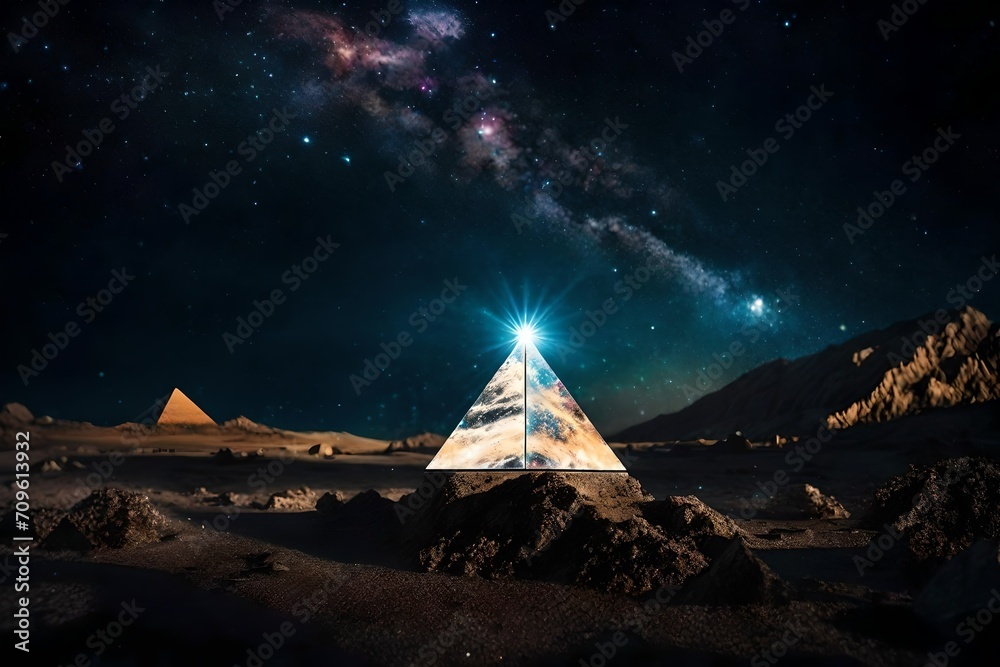 ancient spatial pyramid on desertic planet , spectacular nebulas in the ...