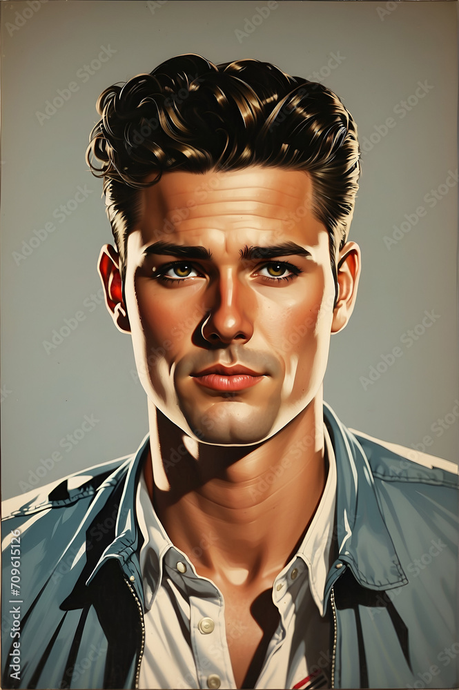 Portrait painting of a 1950s young man with a pompadour haircut. Pin-up ...