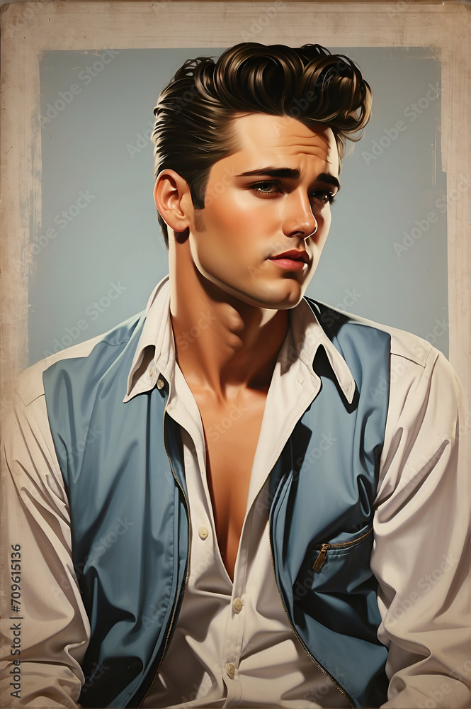 Vintage painting of a young man with 1950s attire and hairstyle. Pin-up ...