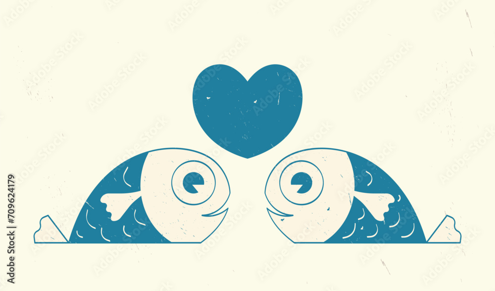 Valentine's day card design with fish in love in a simple graphic style ...