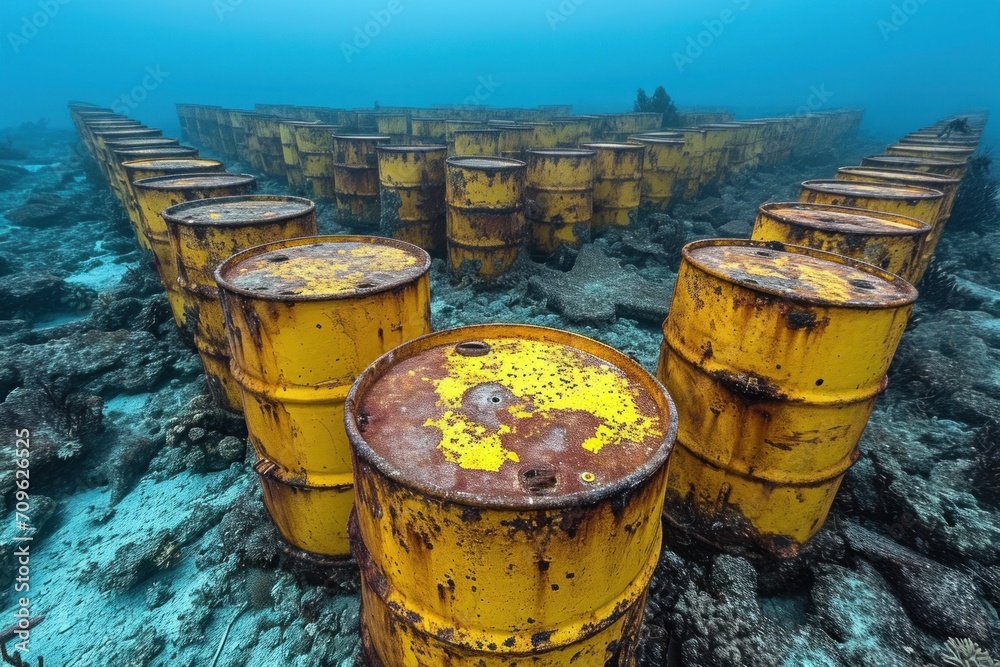 Rusting yellow barrels are dangerous with toxic waste lined up on the ...