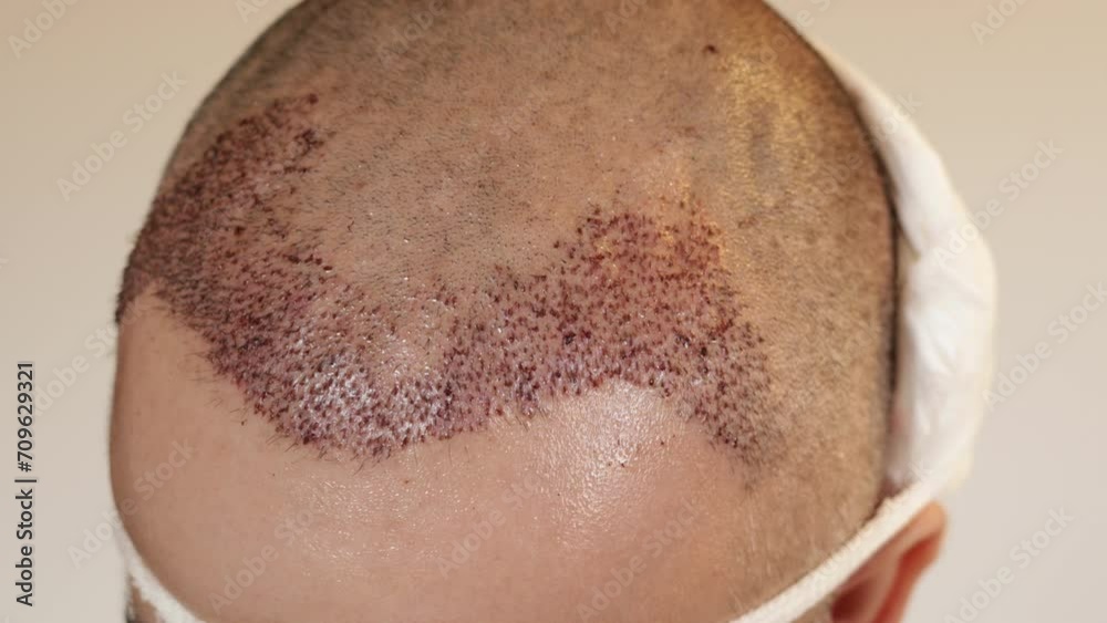 the top of a man's head right after a hair transplant by the FUE method ...