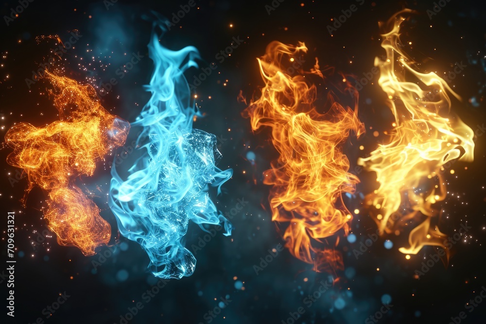 Two flames, one fiery and one icy, contrasting against a black ...
