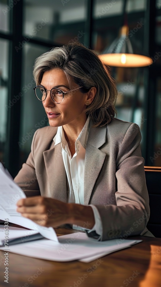 Mature business woman manager holding legal documents consulting client ...