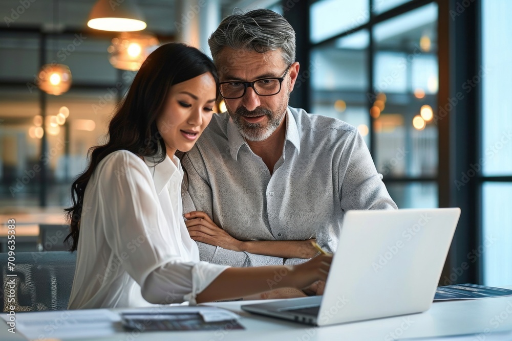 Two happy professional coworkers discuss online plan at work. Mid aged ...