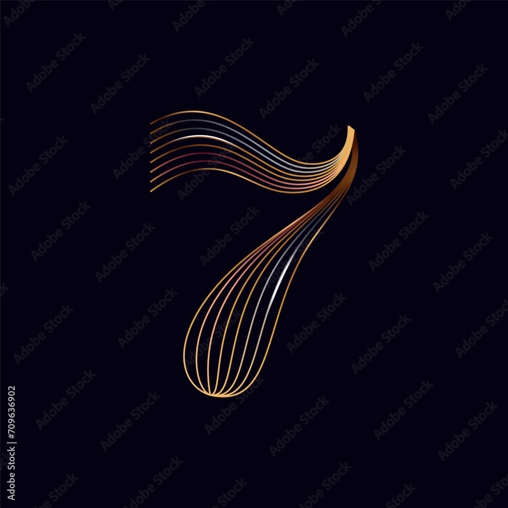 7 logo. Number seven golden sign. Shiny icon made of parallel lines on ...