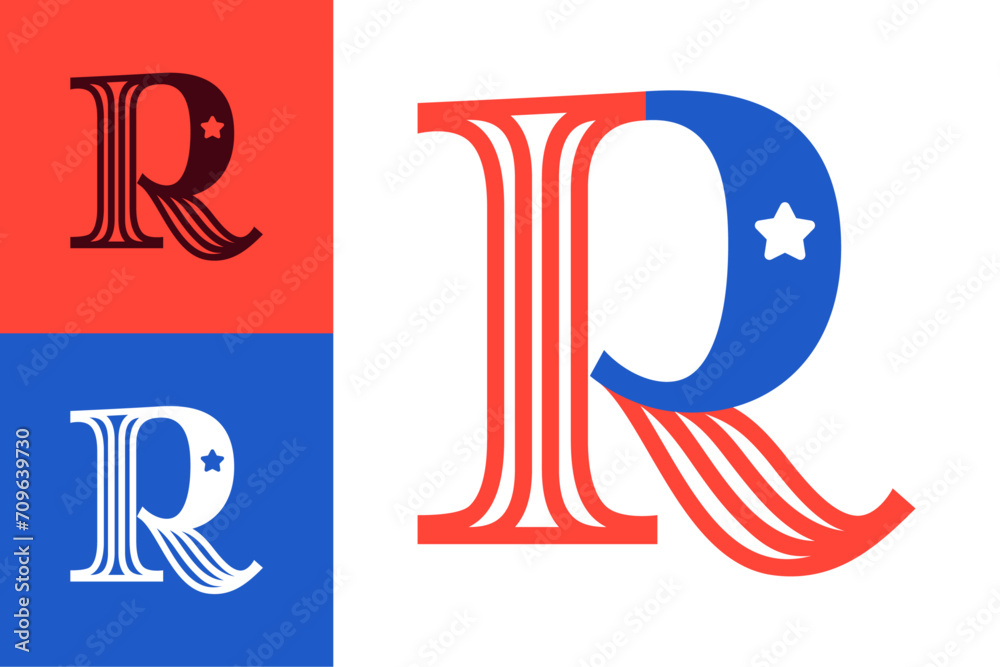 R letter logo made of American flag. Serif font with Star and Stripes ...