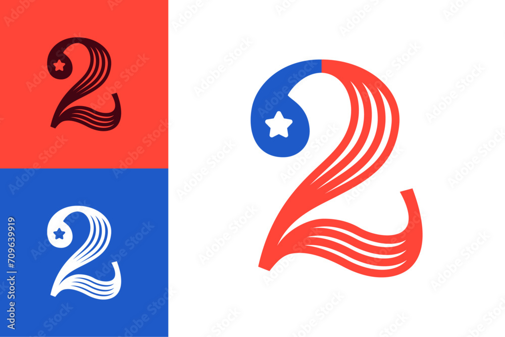 2 logo. Number two made of American flag. Serif font with Star and ...