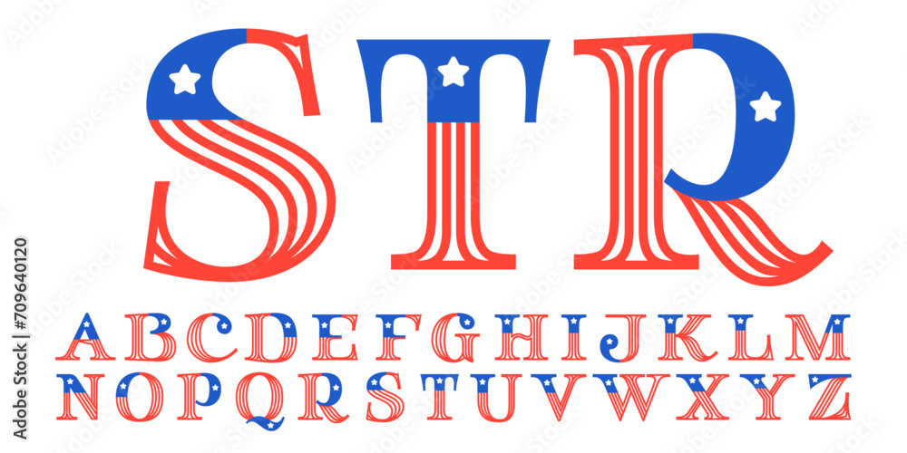 Full alphabet made of American flag. Serif font with Star and Stripes ...