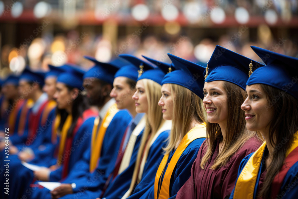 Graduation ceremony with students wearing blue caps and gowns Stock ...